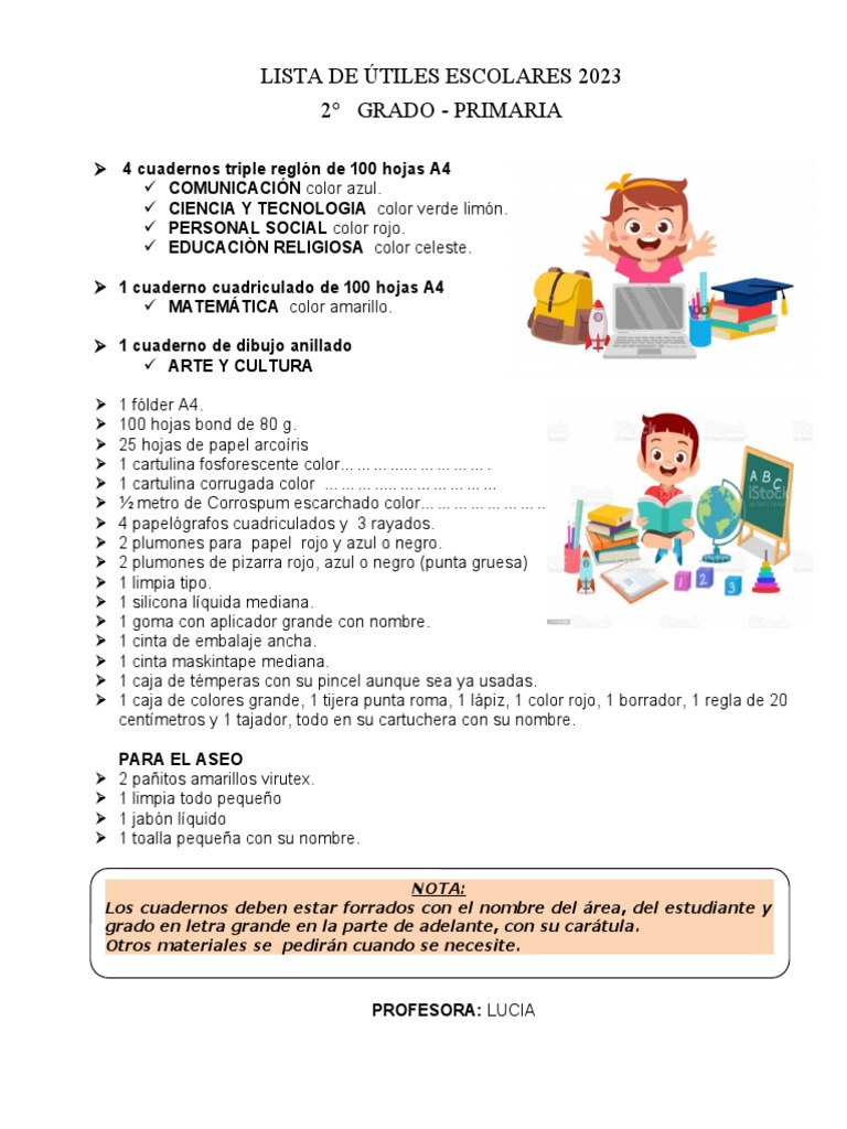 LISTA DE ÙTILES ESCOLARES 2do Grado C | PDF