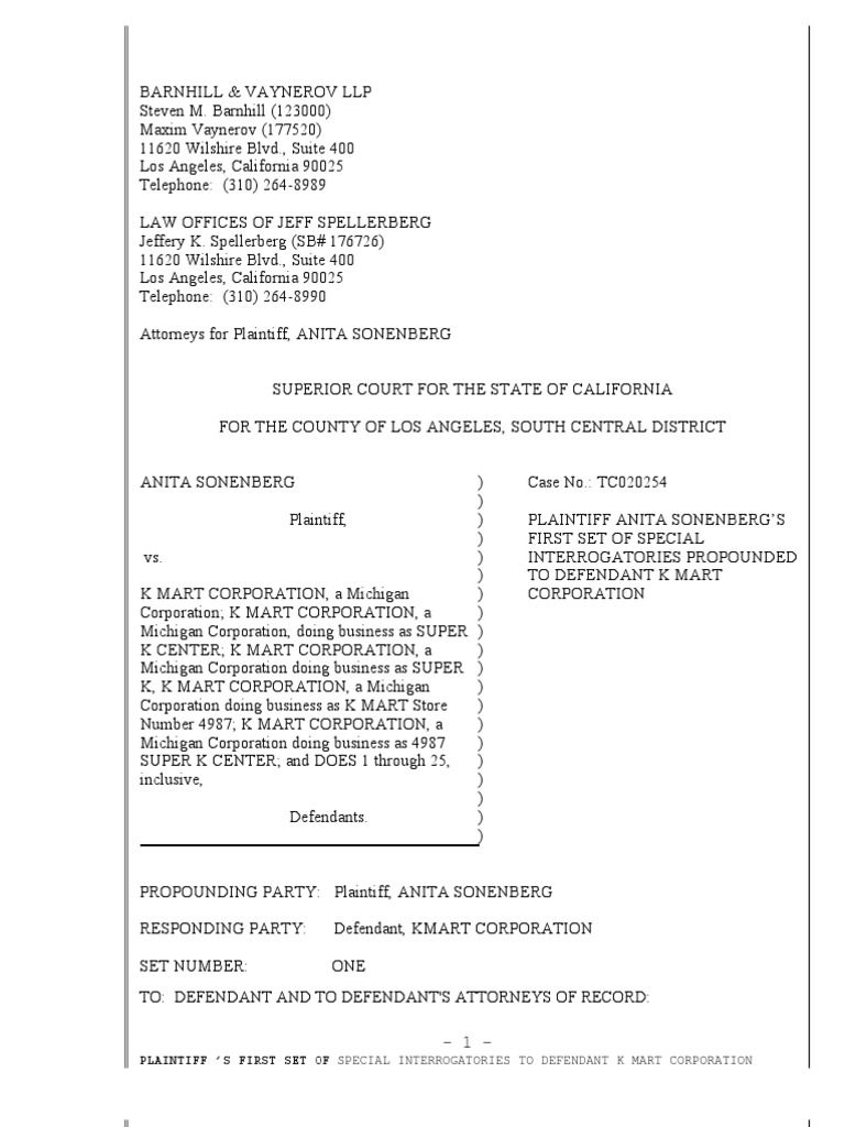 Plaintiff 'S First Set Of: Special Interrogatories To Defendant K Mart ...