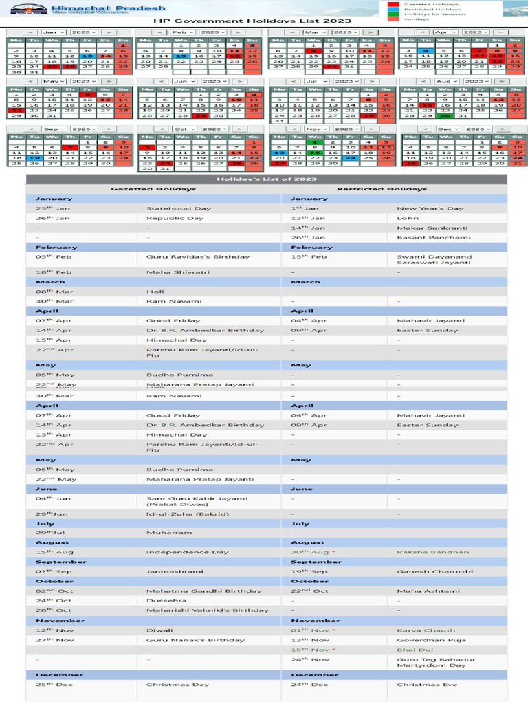 HP Govt Calendar 2023 PDF Download | PDF