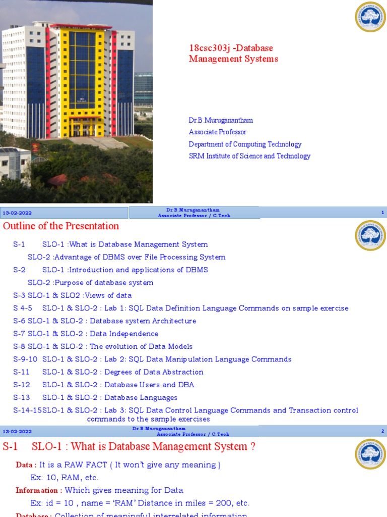 18CSC303J DBMS Unit I | PDF | Databases | Sql