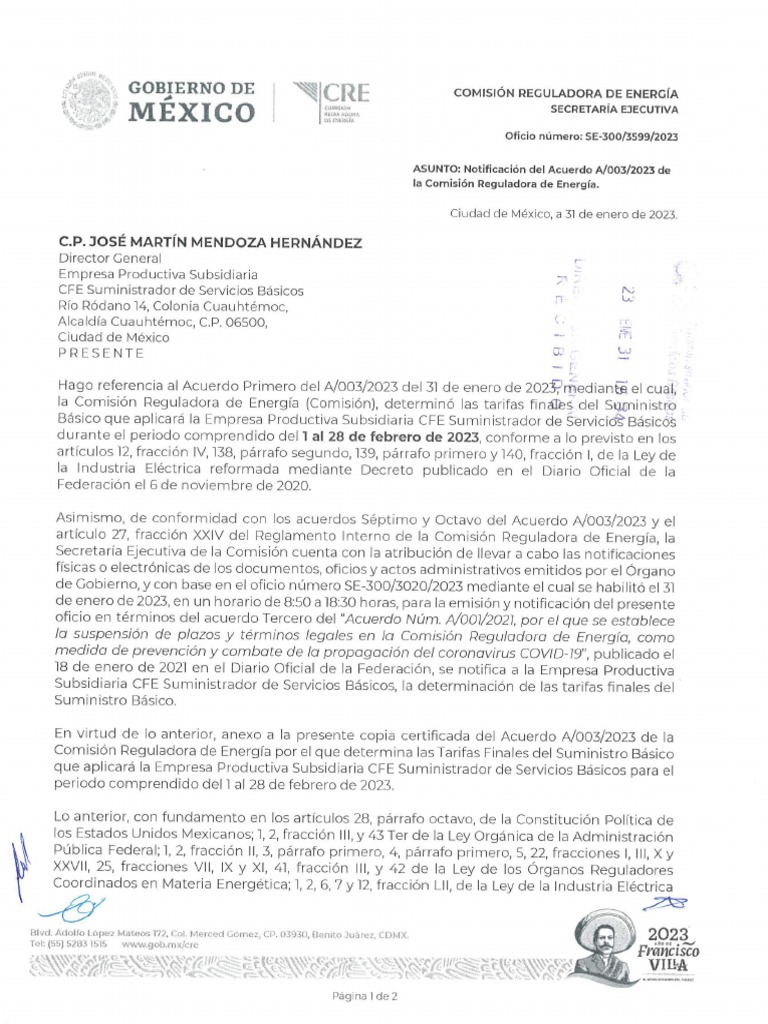 Oficio SE-300-3599-2023-Acuerdo-A-003-2023-TFSB-febrero-2023- | PDF