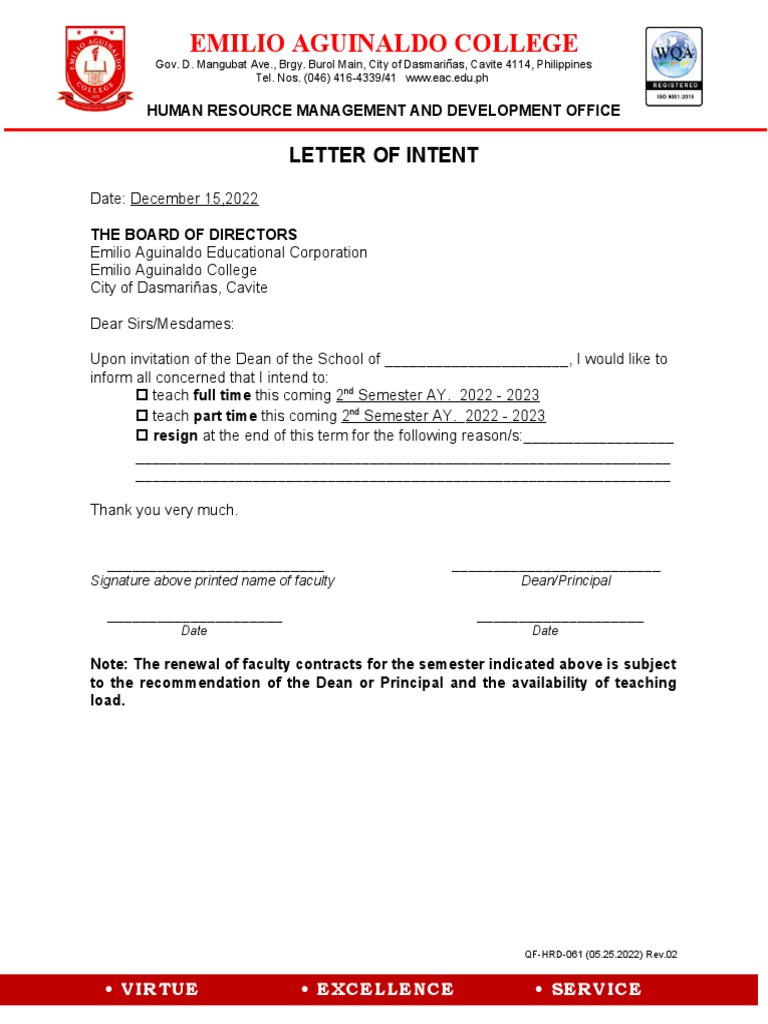 Letter of Intent - 2022 - Word | PDF