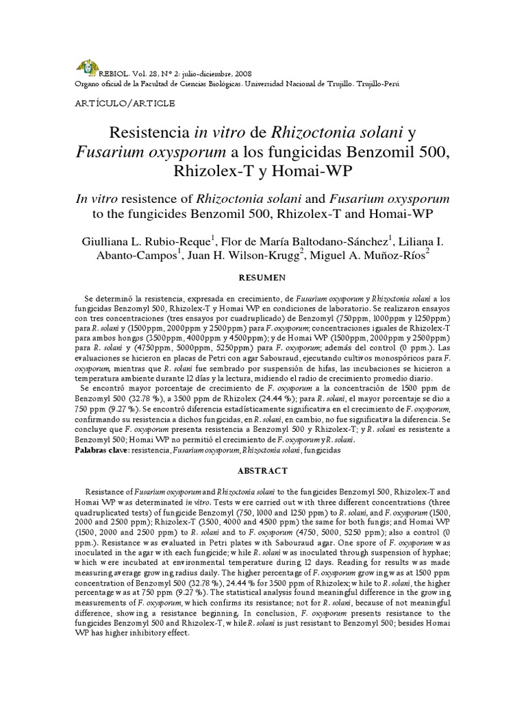 Resist en CIA in Vitro de Rhizoctonia Solani y Fusarium Oxysporum A Los ...