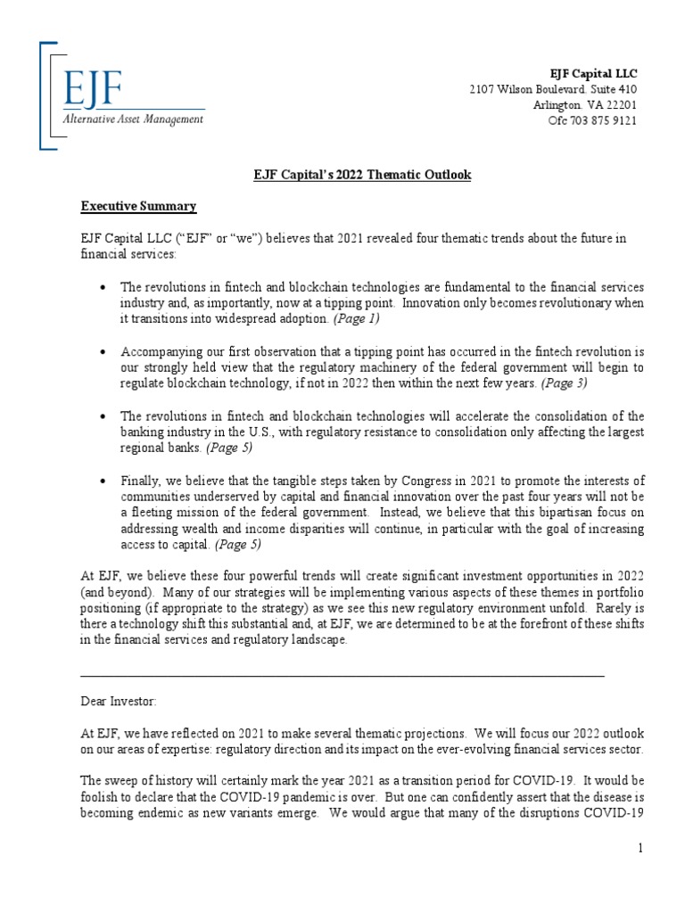 EJF-Capital-2022-Thematic-Outlook | PDF | Banks | Community Development ...