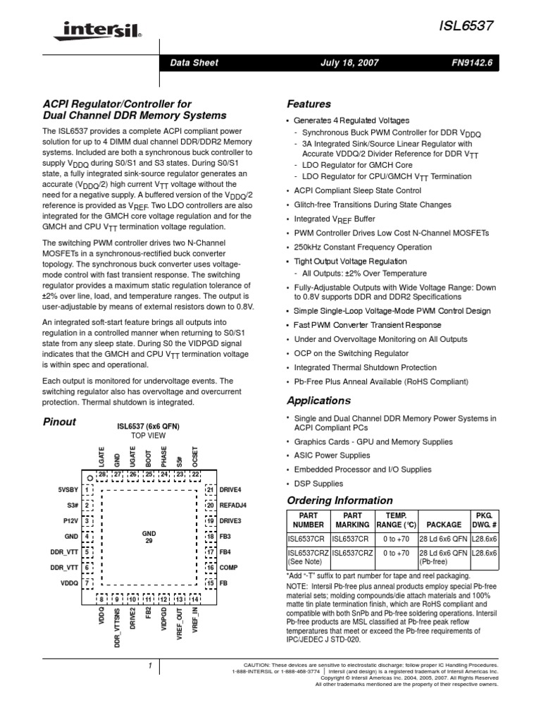 ACPI Regulator/Controller For Dual Channel DDR Memory Systems Features | PDF | Capacitor | Mosfet