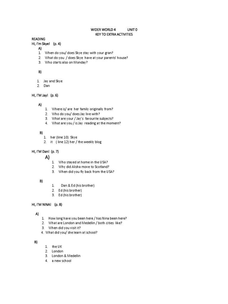 WIDER WORLD 4 Unit 0 Activity Key | PDF | Language Mechanics | Linguistics