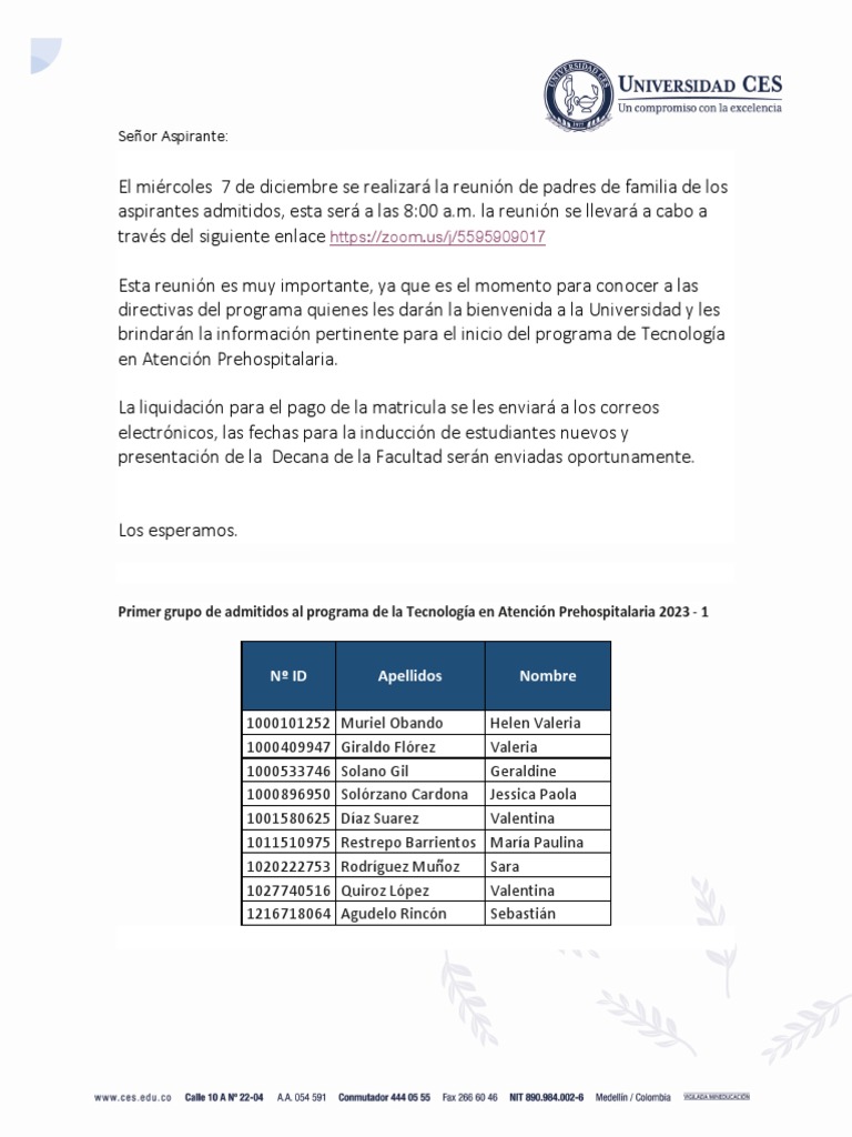 Primer Grupo Admitidos APH 2023 1 1 | PDF