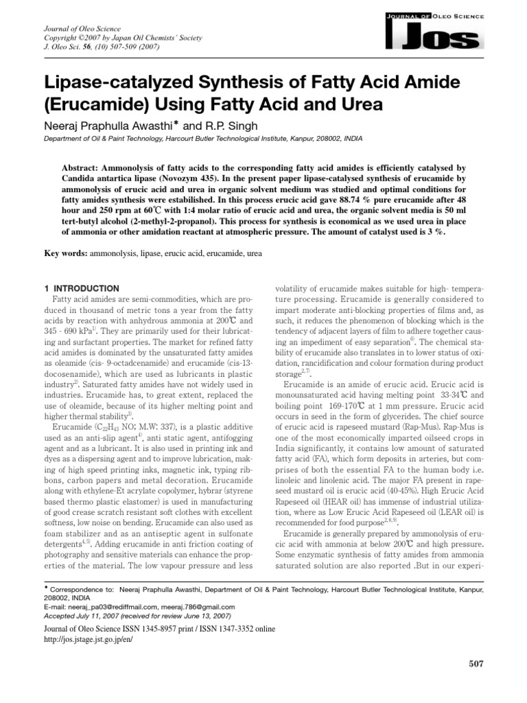 Lipase-Catalyzed Synthesis of Fatty Acid Amide (Erucamide) Using Fatty ...