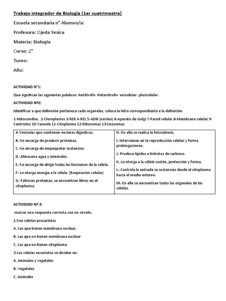 Trabajo Práctico 1er Trim de Biología 2do | PDF | Biología Celular ...