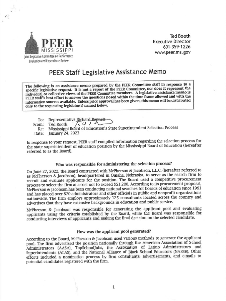 PEER Staff Legislative Assistance Memo | PDF