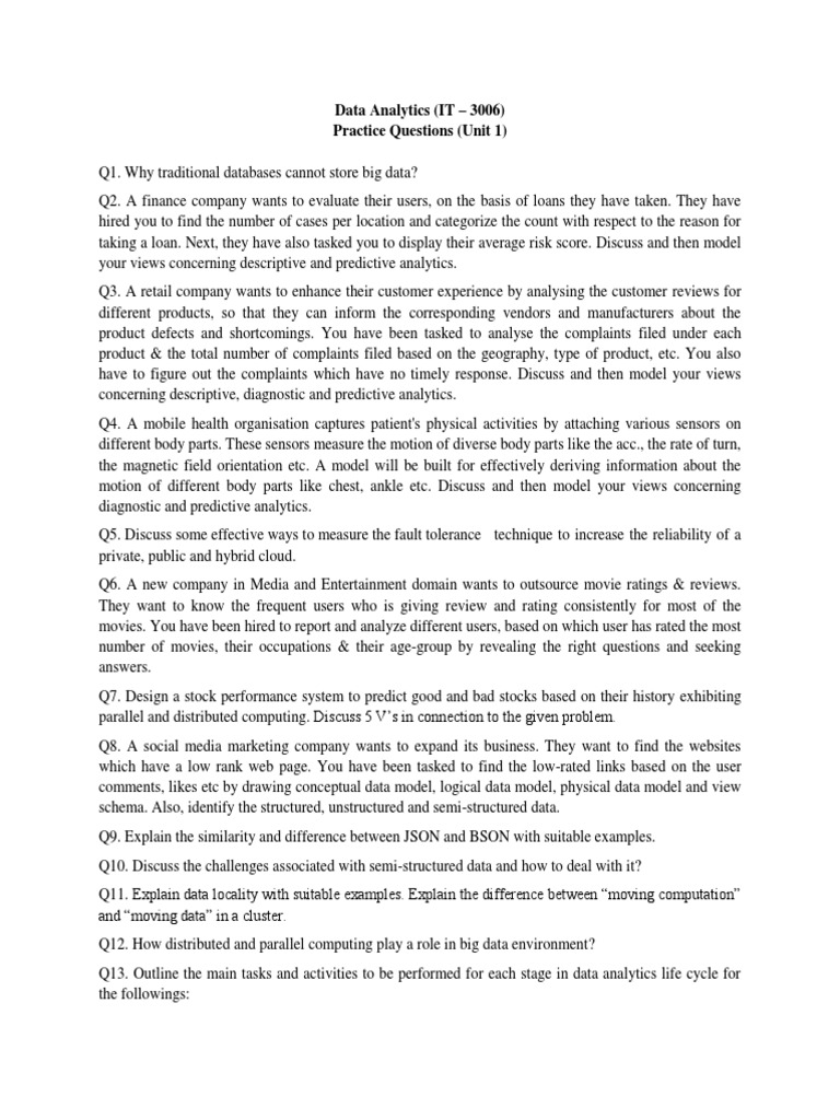 DA Practice Questions - Unit - 1 | PDF | Analytics | Map Reduce