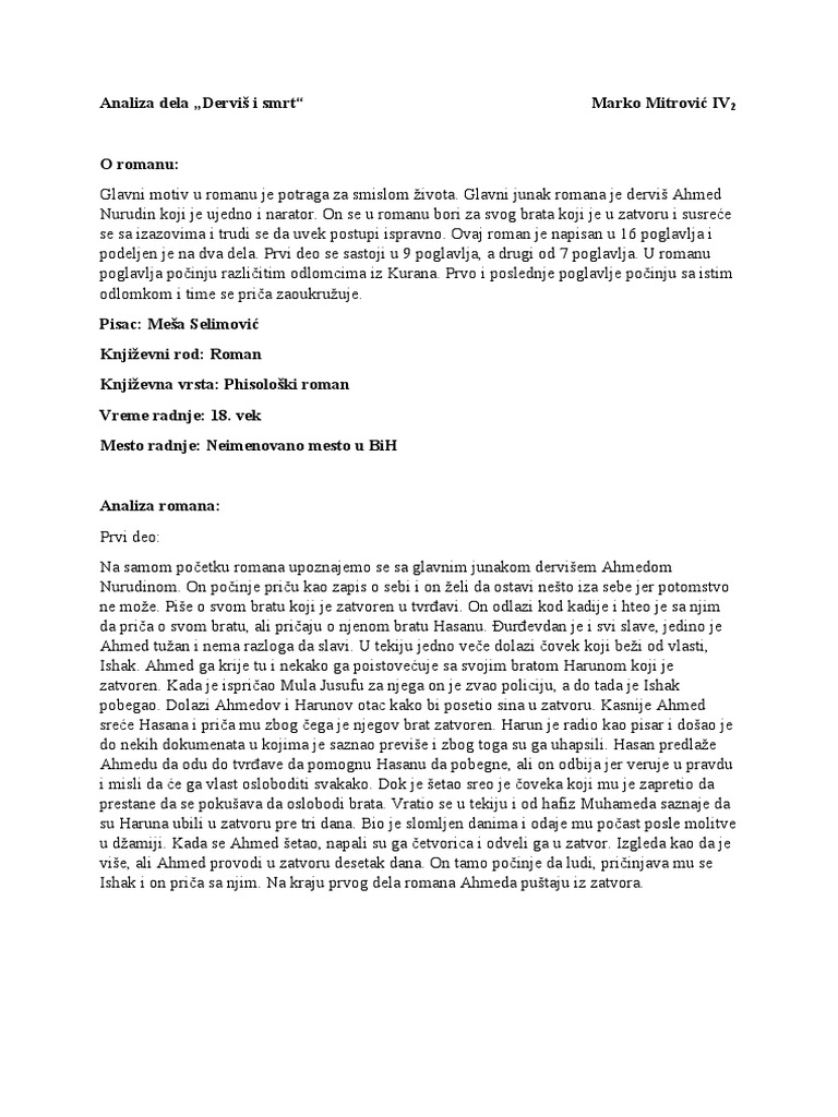 Derviš I SMRT Analiza | PDF