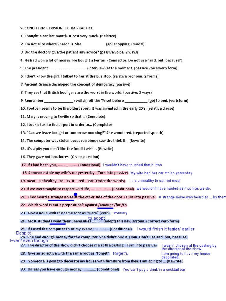 Second Term Revision Extra Practice | PDF | Verb | Semantic Units