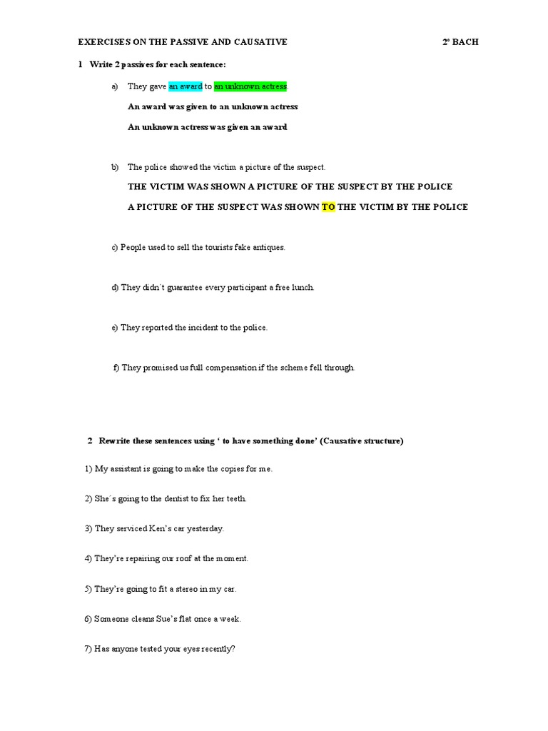 Exercises On The Passive and Causative 2º Bach | PDF