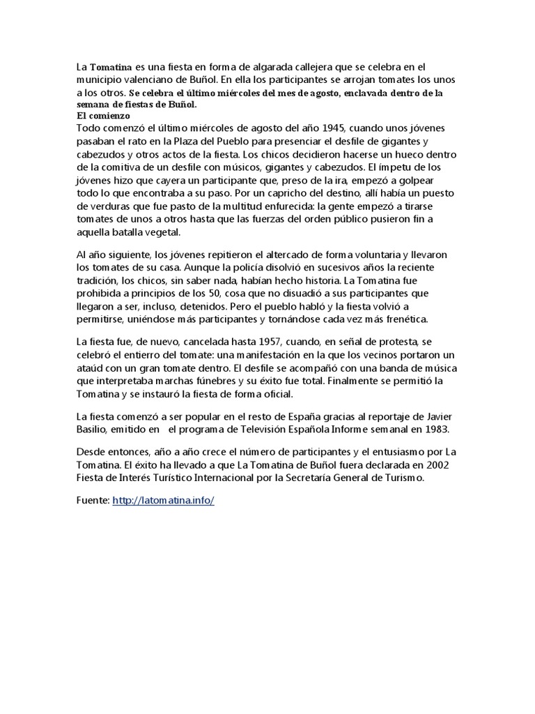 La Tomatina: Historia y Tradición | PDF