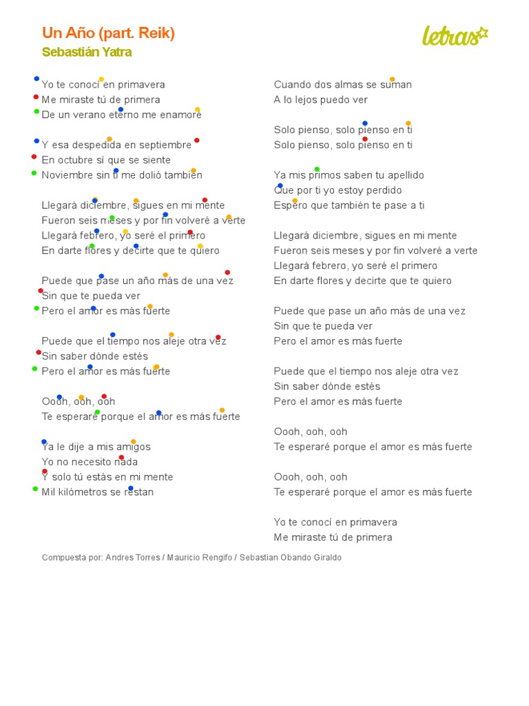 UN AÑO (PART. REIK) - Sebastián Yatra (Impresión) | PDF