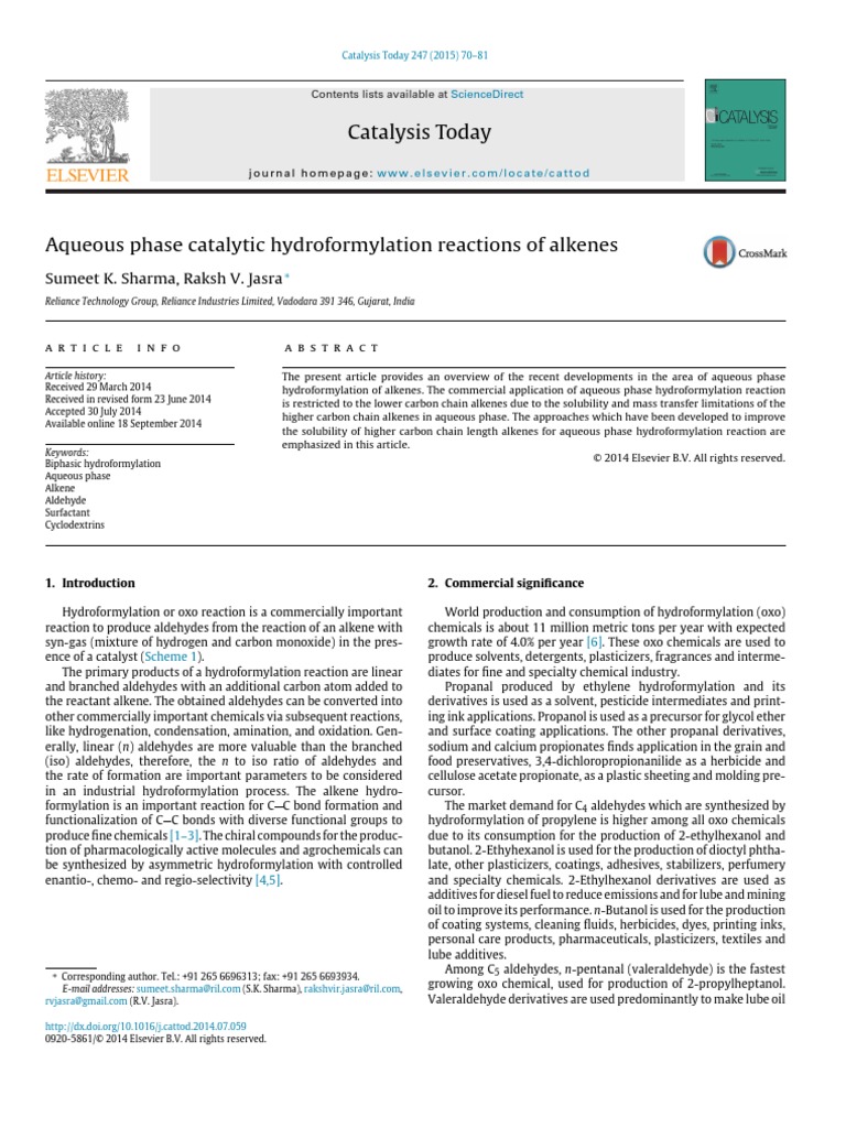 Aqueous Phase Catalytic Hydroformylation Reactions of Alkenes | PDF ...