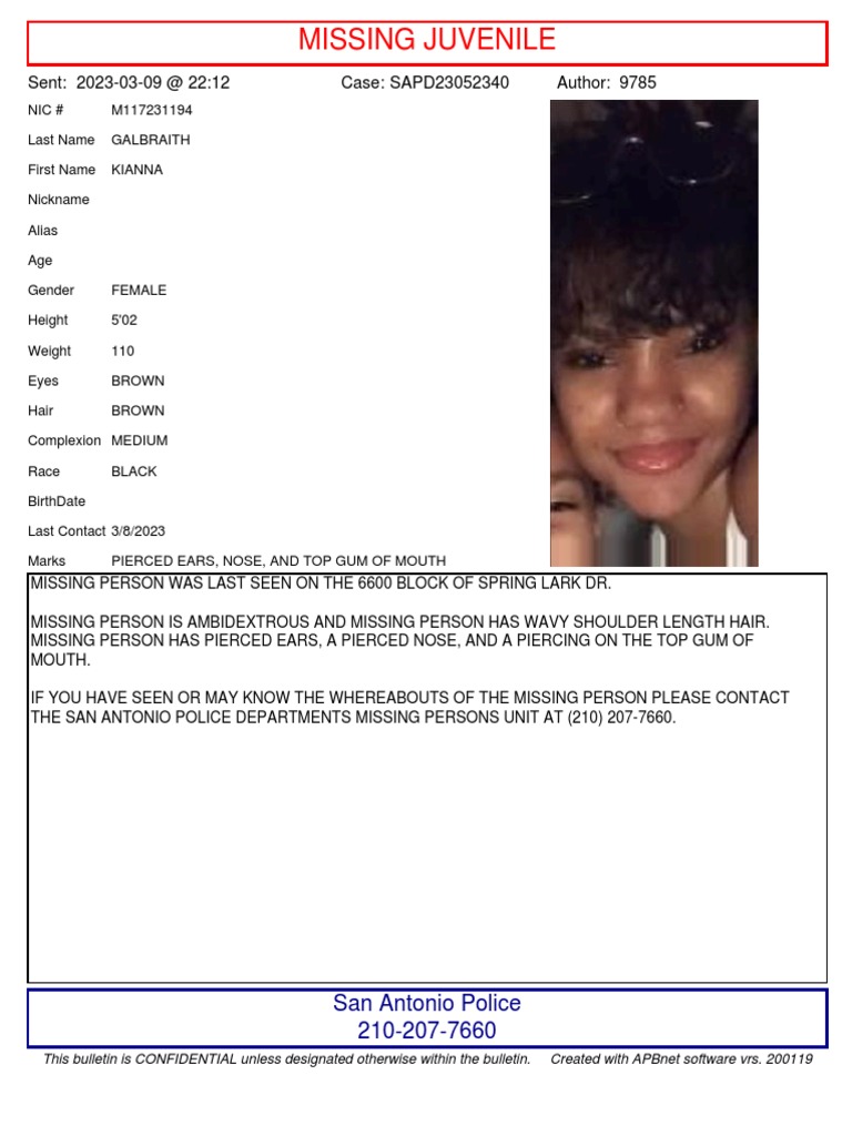 Missing Person Alert For Kianna Elaine Galbraith | PDF