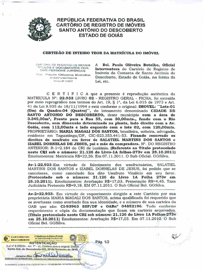 2018004191451-Certidão de Inteiro Teor Da Matrícula Atacadão Dia A Dia PDF | PDF | Princípios ...