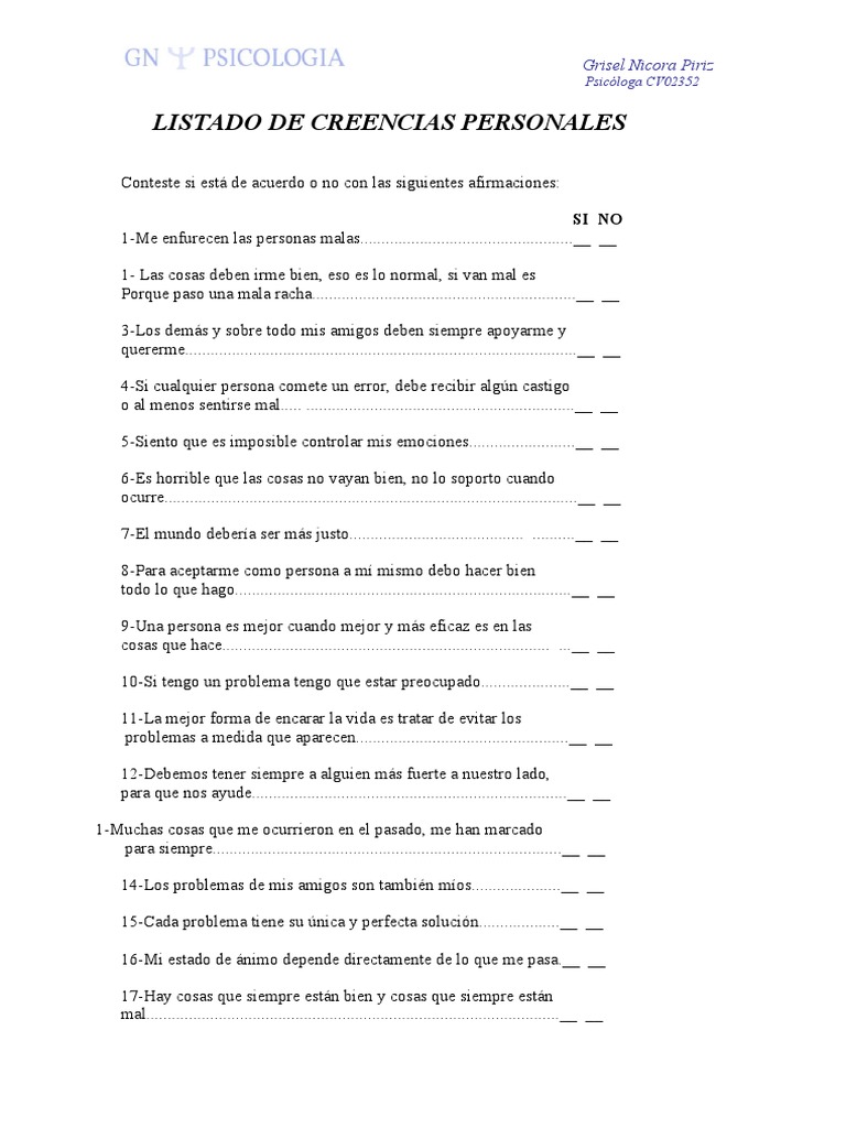 Listado de Creencias Personales | PDF | Sicología