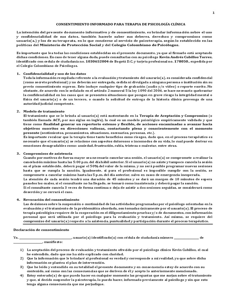 FORMATO CONSENTIMIENTO TERAPÉUTICO Presencial | PDF | Psicoterapia ...