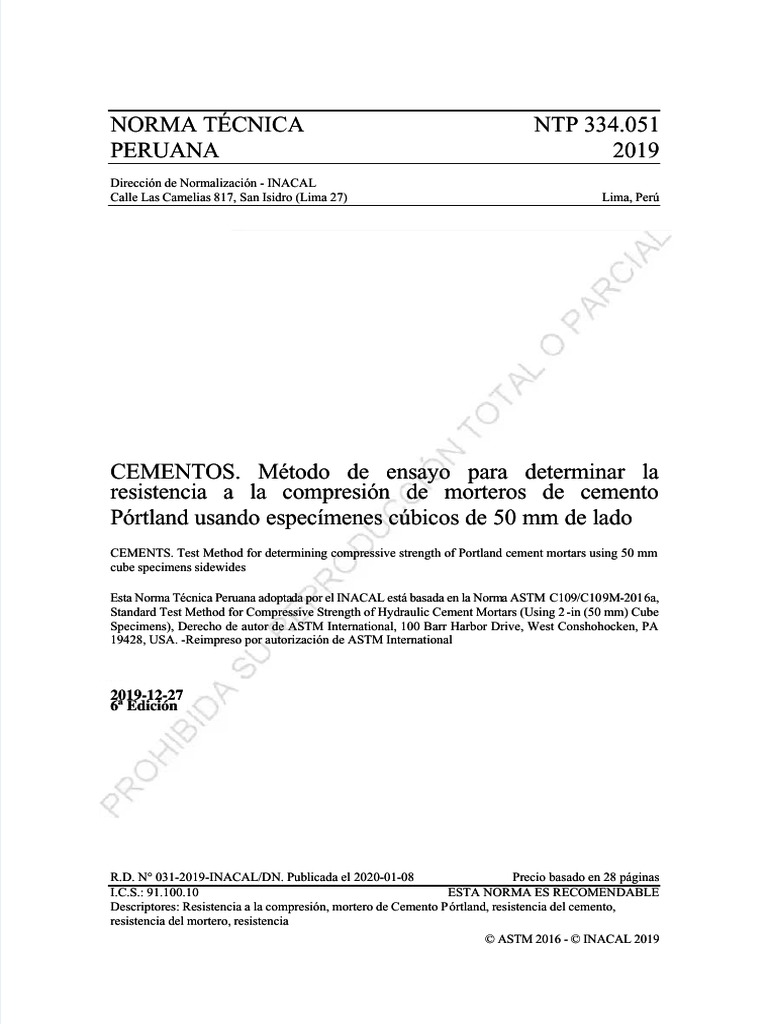 NTP 334.051 MORTERO PDF | PDF | Cemento | Hormigón