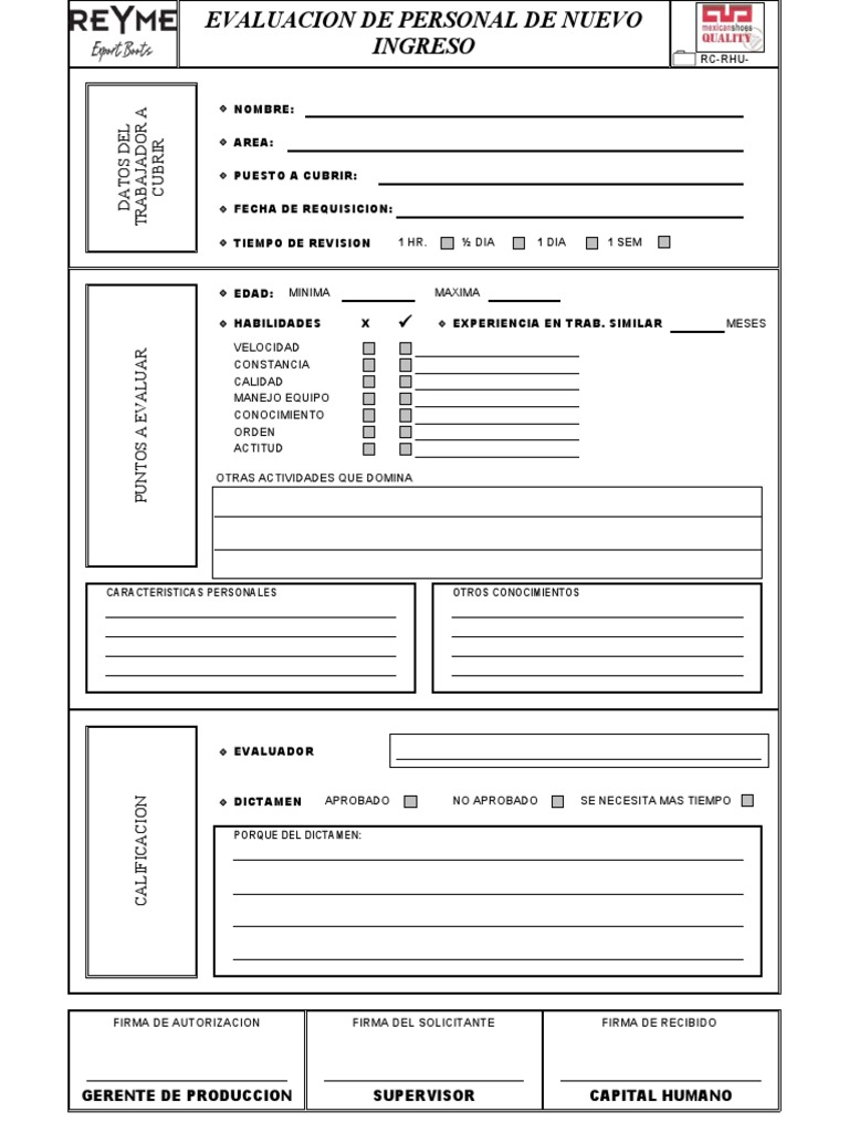 FORMATO para Evaluacion de Personal Nuevo Ingreso | PDF