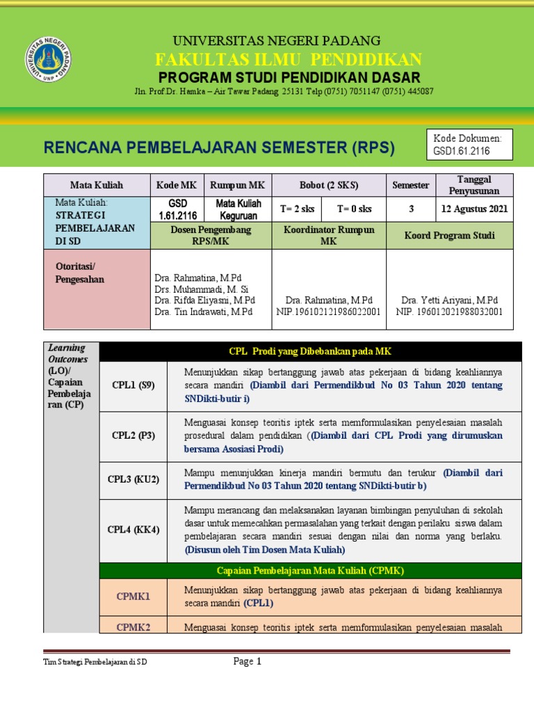 RPS Strategi Pembelajaran Di SD | PDF