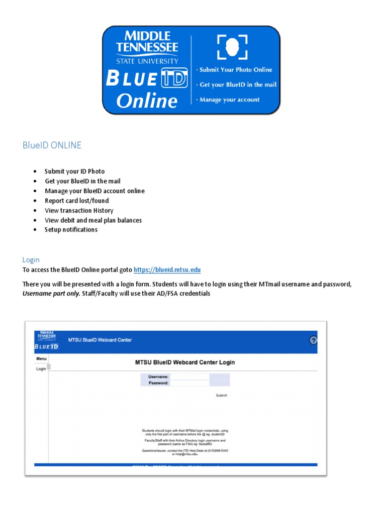BlueID Portal Guide for MTSU Users | PDF | Identity Document | Login