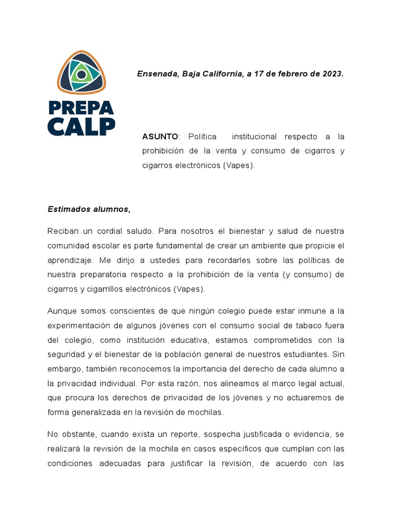 Prohibición de Cigarros en Prepa CALP | PDF | Cigarrillo electrónico ...