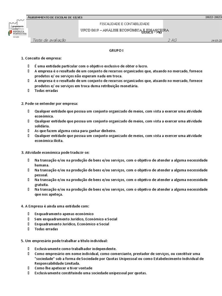 2ag Teste Ufcd 0619 Analise Financeira | PDF | Balancete | Economia