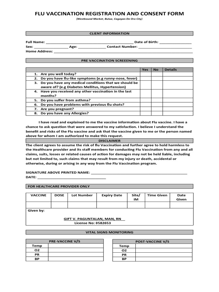 Flu Vaccine Form | PDF | Influenza Vaccine | Vaccination