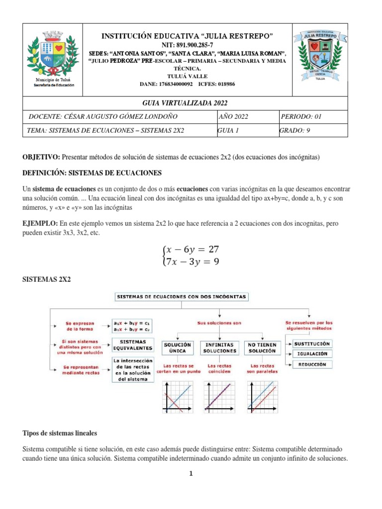 guia 1 DEFINICION SISTEMAS DE ECUACIONES 2X2 AÑO 2022 (1) | PDF | Ecuaciones | Sistema de ...