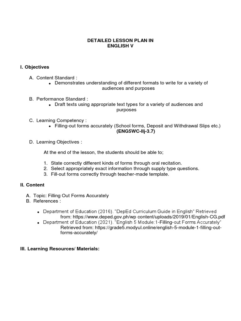 Filling Out Forms Detailed Lesson Plan in English V | PDF | Lesson Plan ...