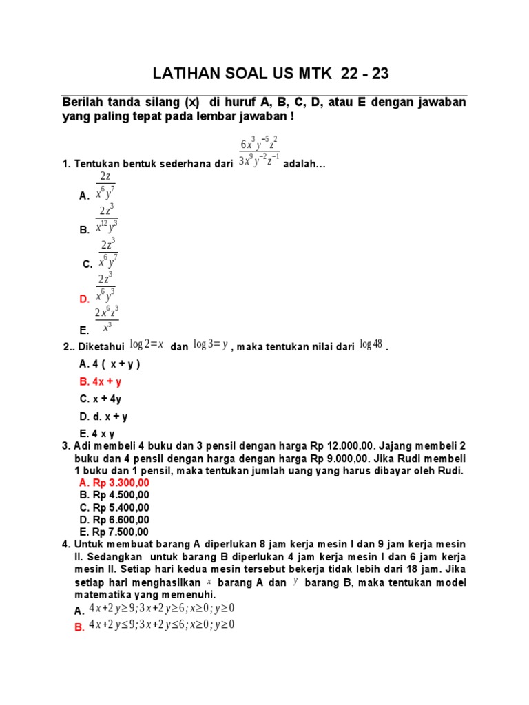 Latihan Soal Us MTK 22-23 | PDF