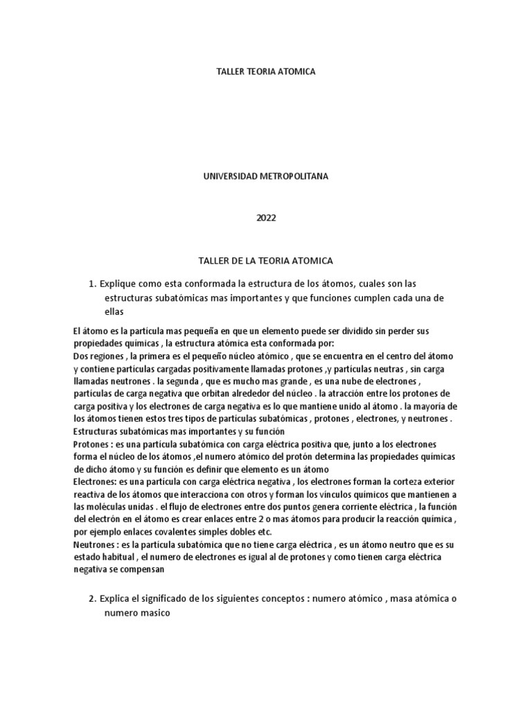 Taller Teoria Atomica PDF | PDF | Átomos | Isótopo