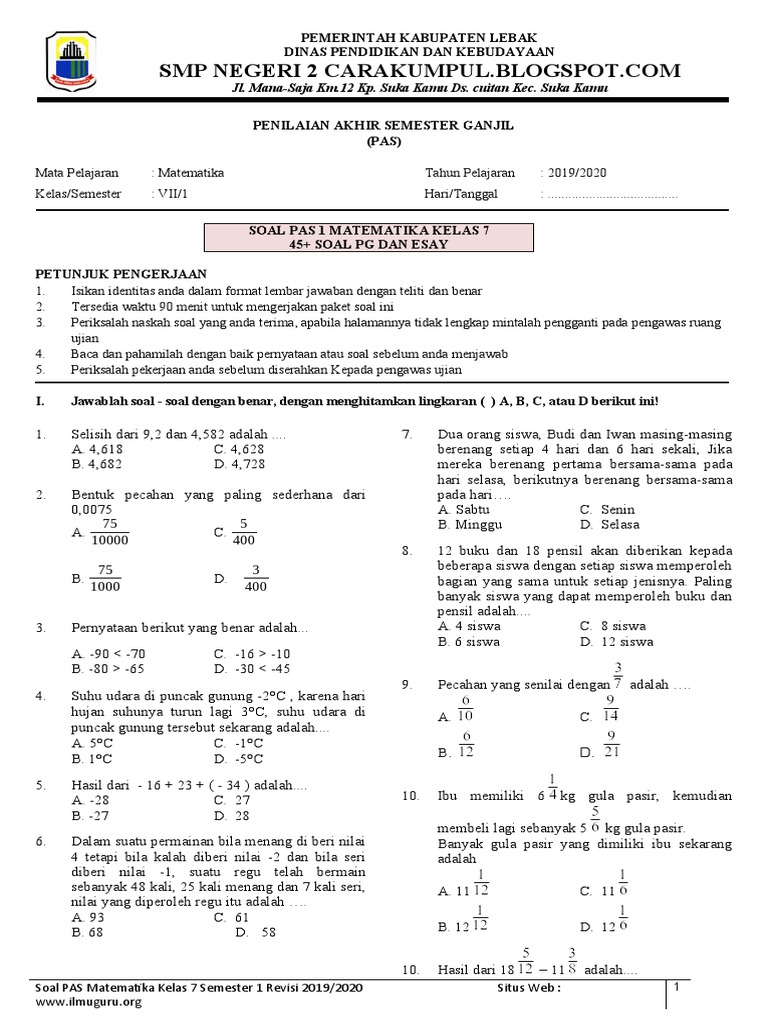 Ilmuguru - Org - Soal PAS 1 Matematika Kelas 7 | PDF