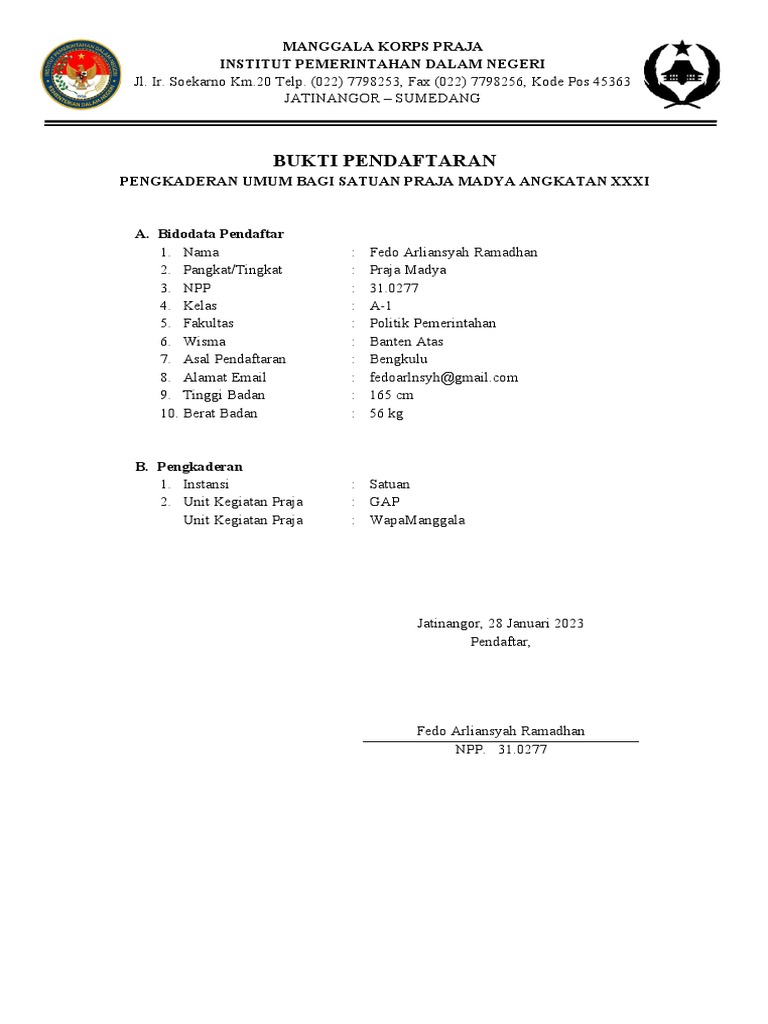 Pendaftaran Pengkaderan Praja Madya | PDF
