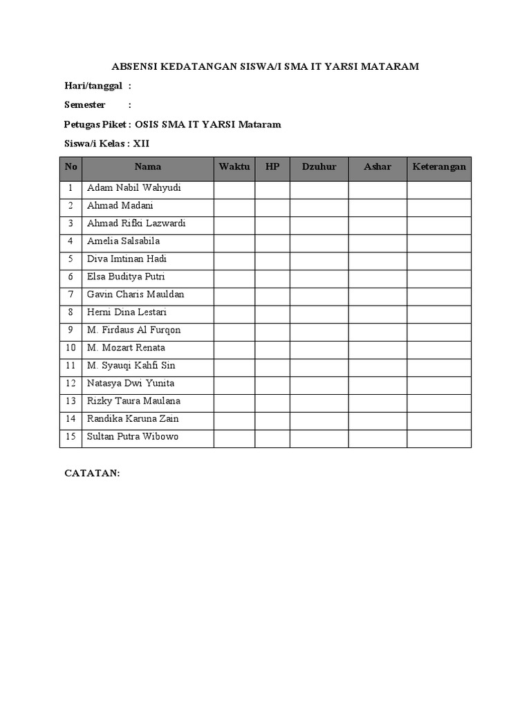 Absensi Siswa SMA IT Yarsi Mataram | PDF