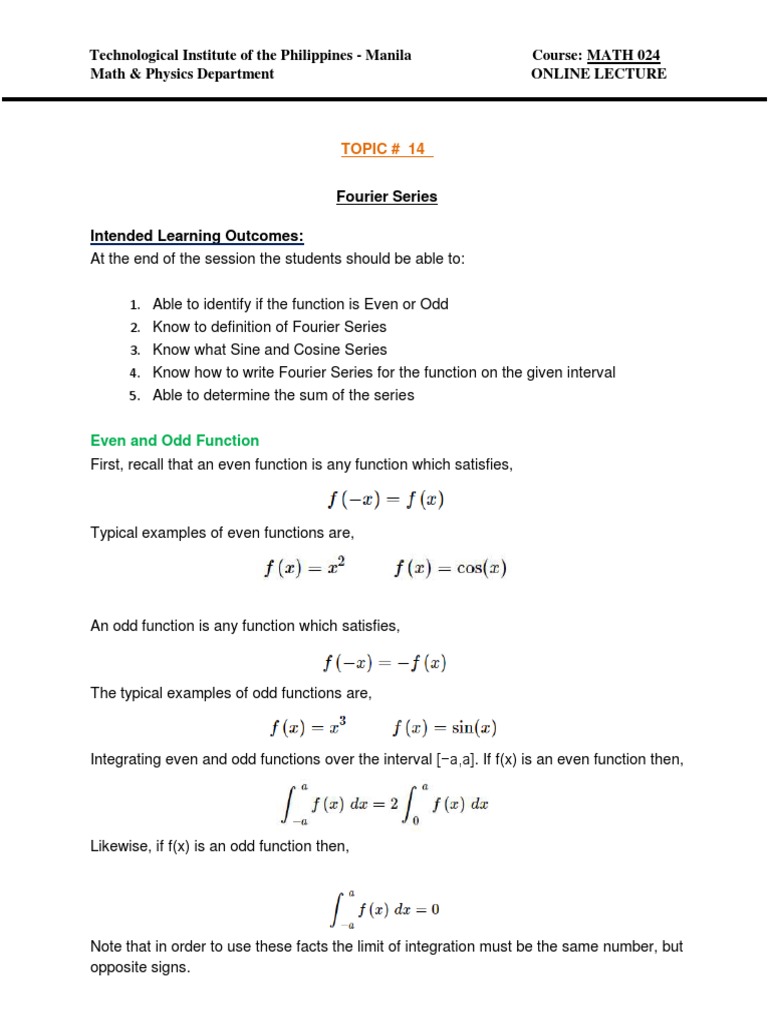 Odd and Even Functions and Fourier Series Having Arbitrary Periods and Half Range | PDF ...
