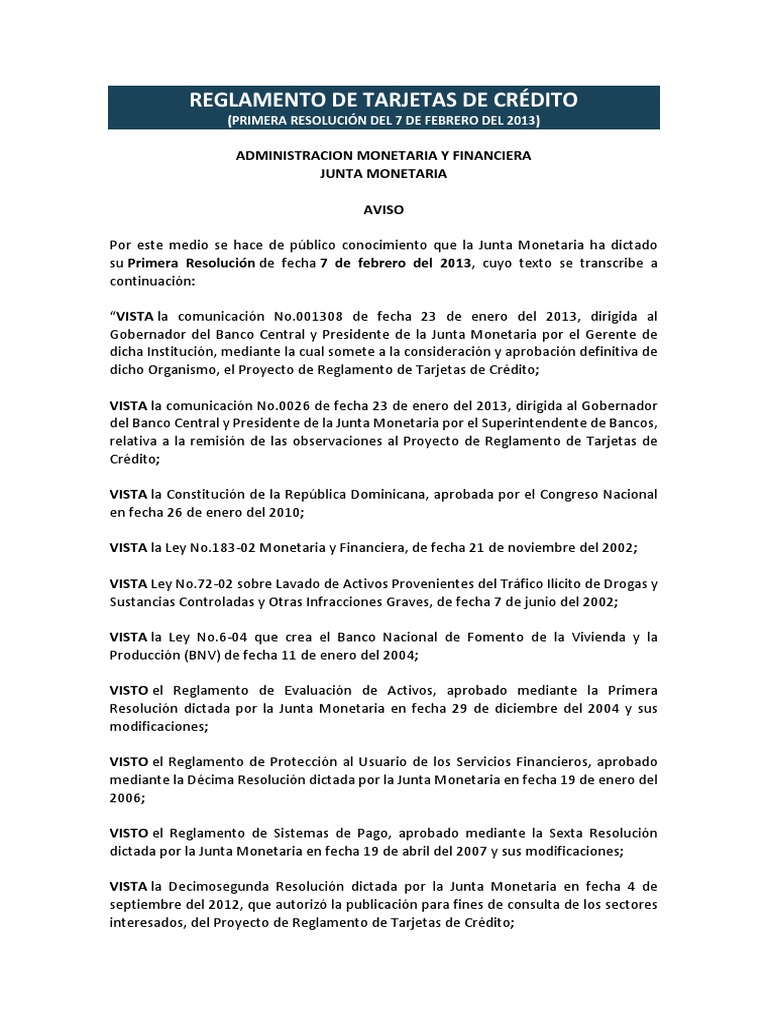 Reglamento de Tarjetas de Credito | PDF | Tarjeta de crédito | Bancos