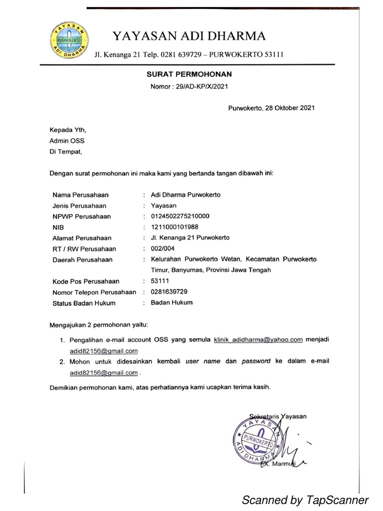 Surat Permohonan Pengalihan Email Account OSS | PDF
