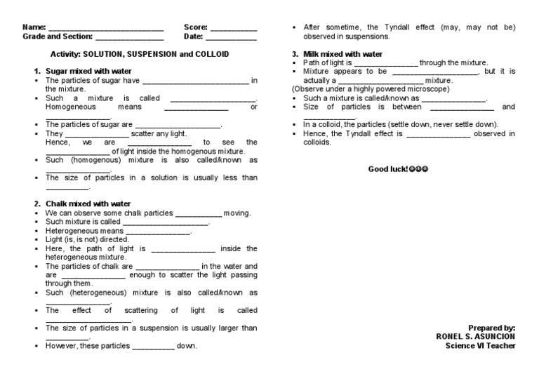 SOLUTION, SUSPENSION and COLLOID Activity Sheet | PDF | Mixture ...