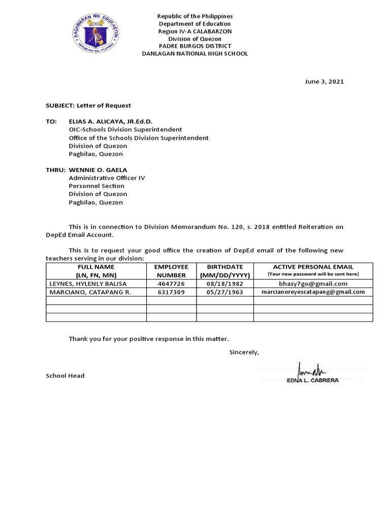 Letter of Request For Deped New | PDF Letter of Request For Deped New | PDF