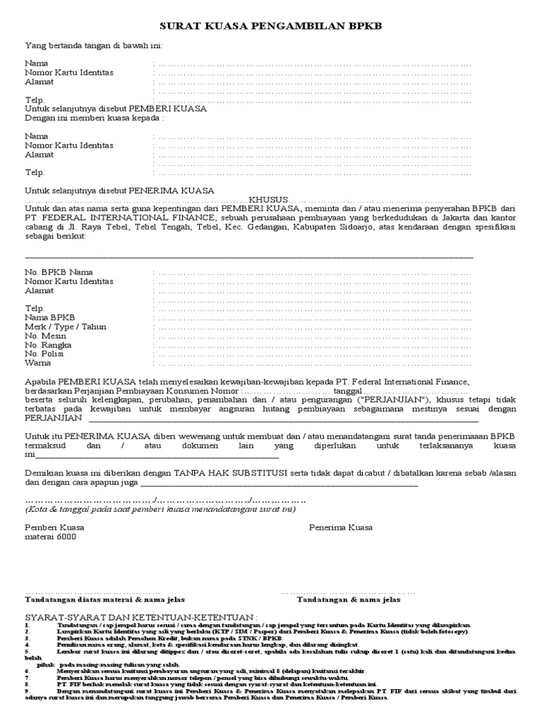 Surat Kuasa Pengambilan BPKB | PDF | Hukum