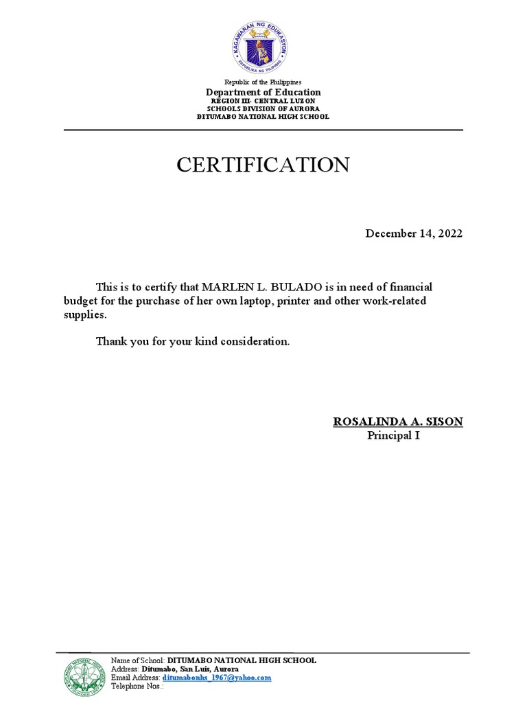 Certification For Loan | PDF