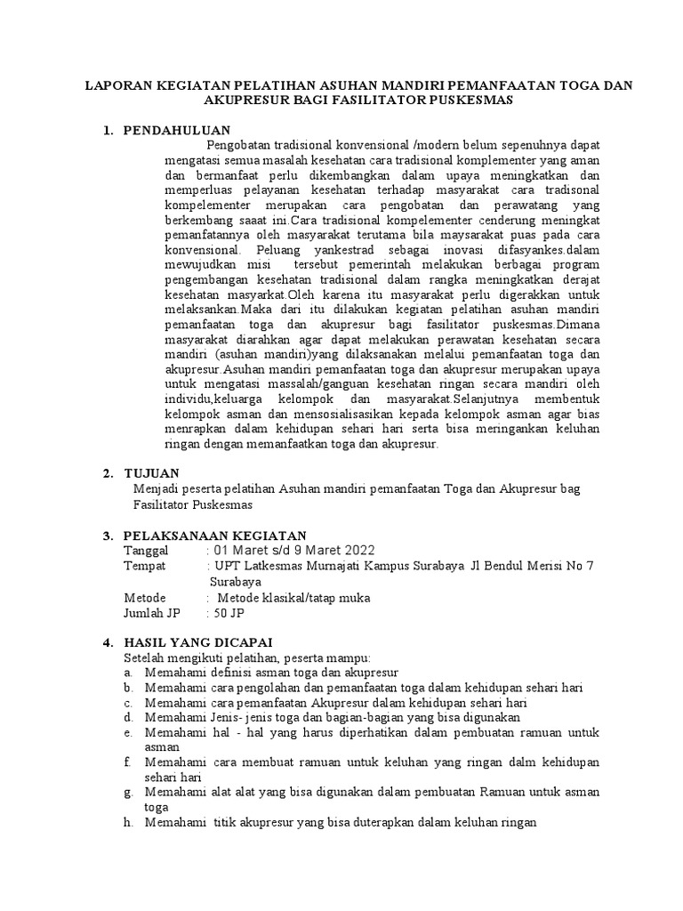 LAPORAN KEGIATAN PELATIHAN Asman Toga | PDF