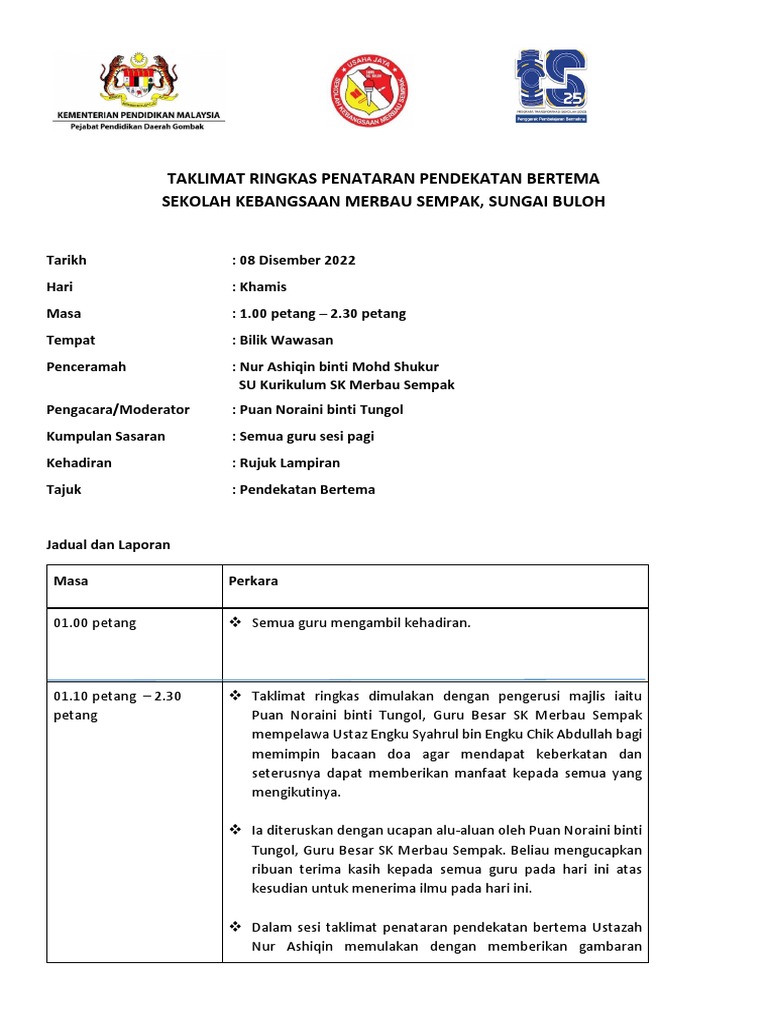 Laporan Taklimat Pendekatan Bertema | PDF