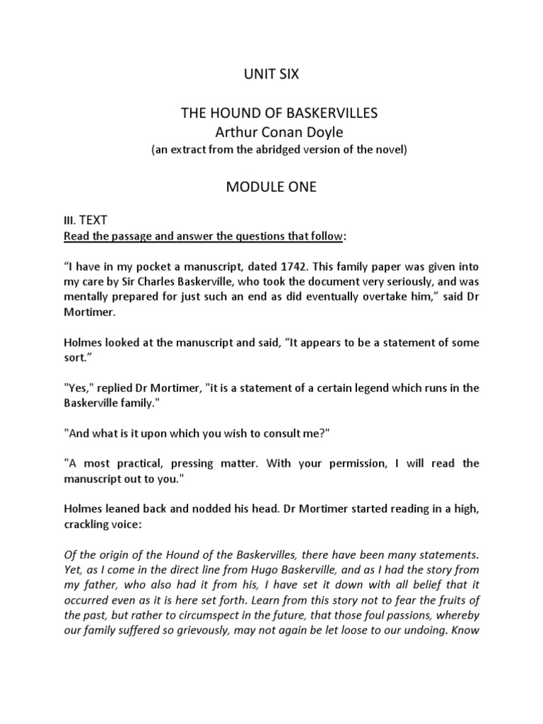 Unit Six The Hound of Baskervilles Arthur Conan Doyle | PDF