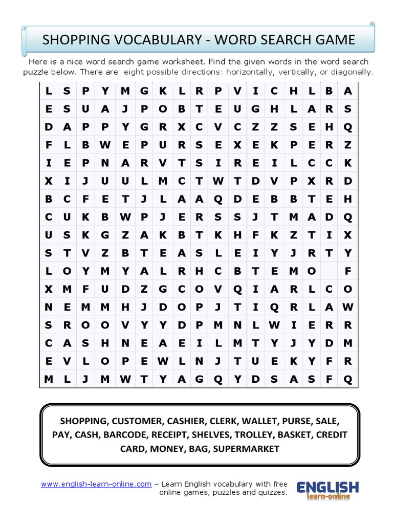 Shopping Vocabulary Word Search Puzzle Worksheet | PDF